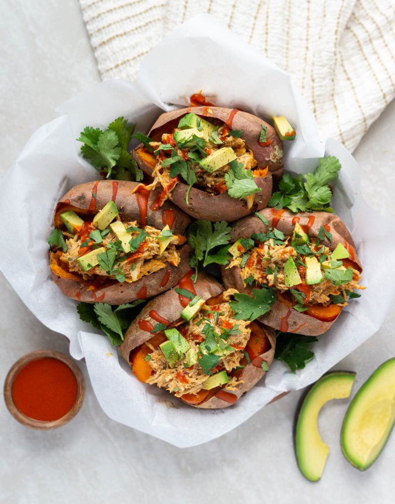 Slow Cooker Buffalo Chicken Stuffed Sweet Potatoes | Begin With Balance
