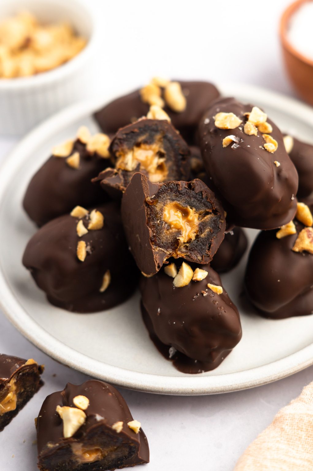 Easy Chocolate Covered Date Snickers | Begin With Balance