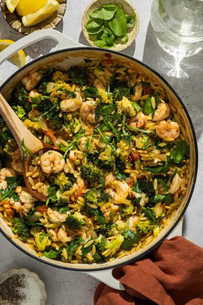 One Pan Creamy Shrimp and Orzo | Begin With Balance