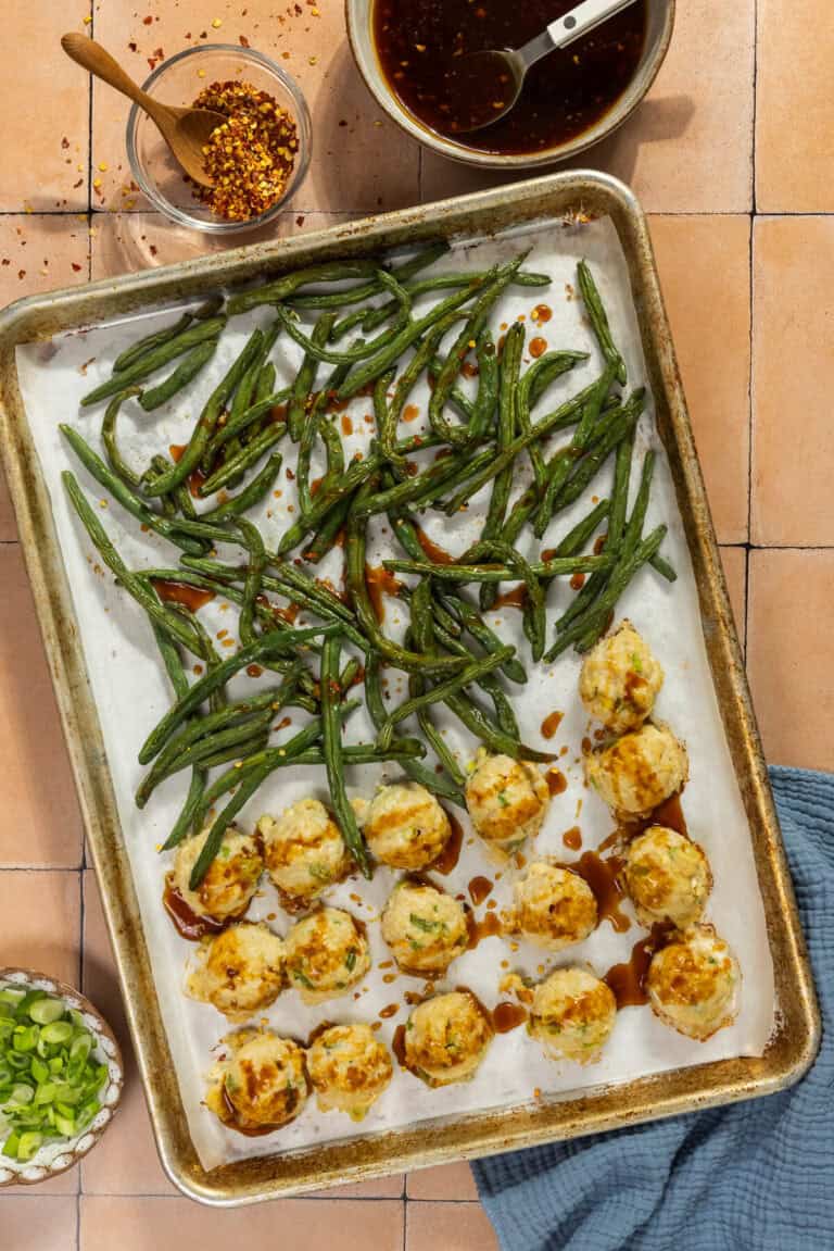Oven Baked Chicken Meatballs and Green Beans Sheet Pan | Begin With Balance