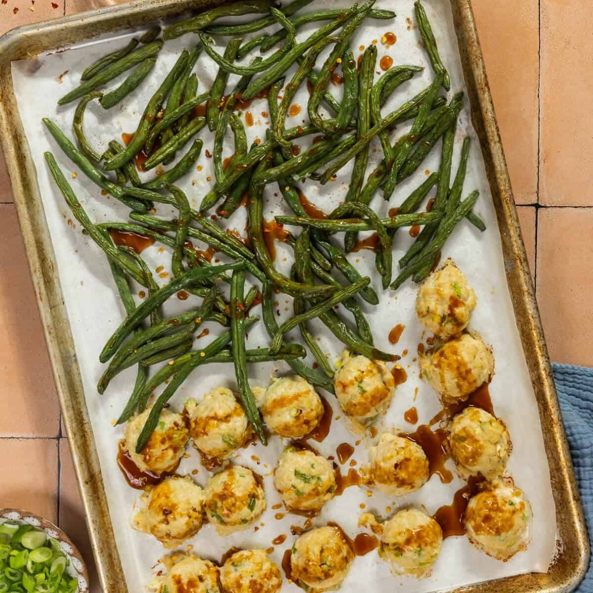 Oven Baked Chicken Meatballs and Green Beans Sheet Pan | Begin With Balance